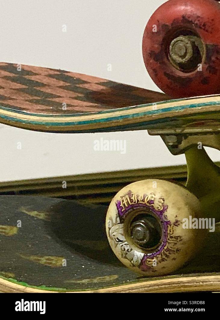 Closeup up of two skateboards with detailed wheels Stock Photo - Alamy