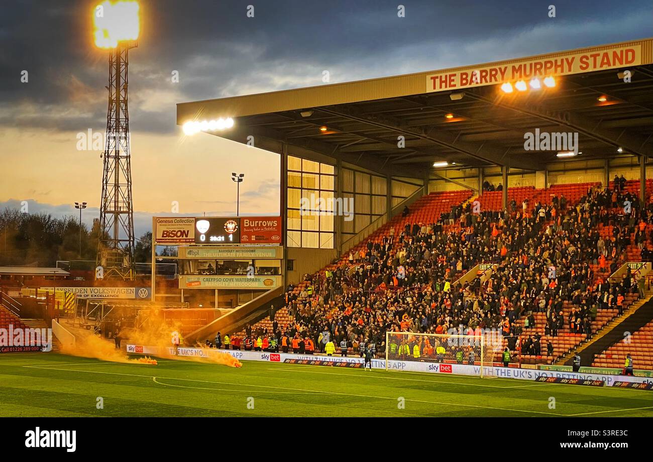 Blackpool supporters celebrate taking the lead against Barnsley at ...