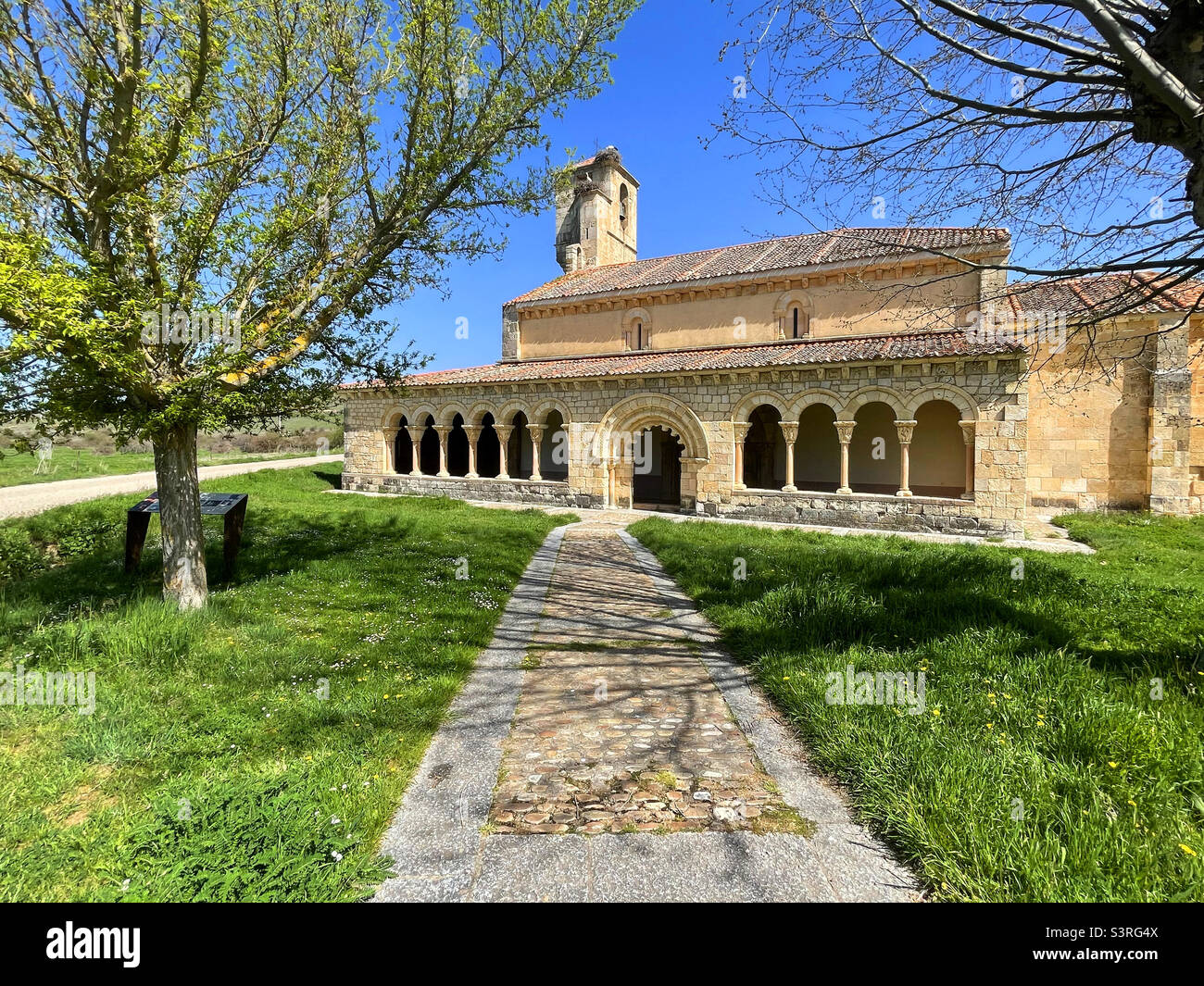 Facade of Romanesque church. Duraton, Segovia province, Castilla Leon ...