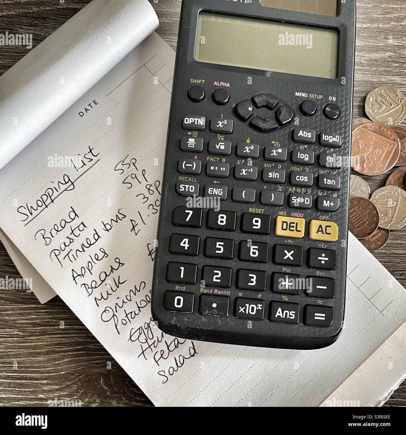 Cost Of Living Crisis Budgeting Calculator Shopping List With Prices Spare Change Stock 