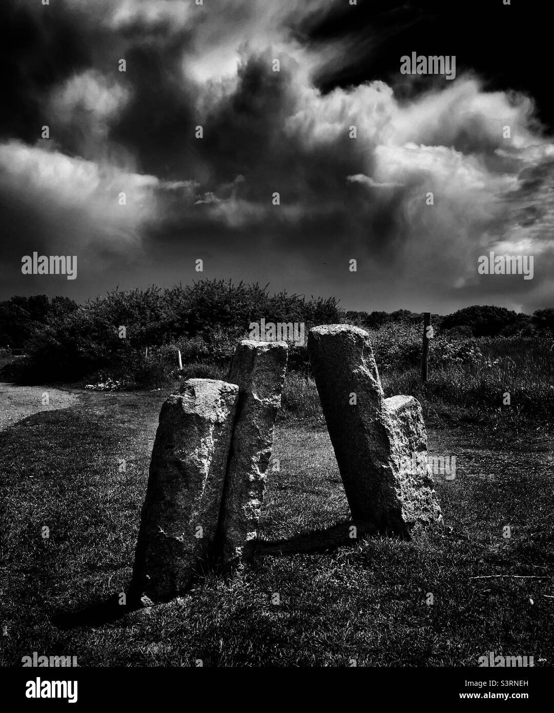 Dramatic black and white image of Erected stones in a park Stock Photo ...