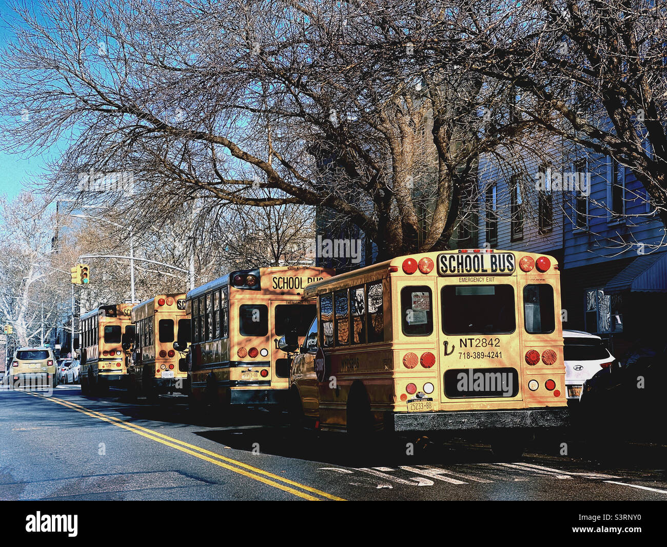 School buses in line waiting for the students to get out Middle School ...