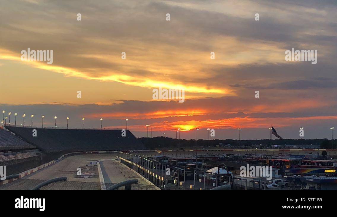 The sun is setting over an empty racetrack in Darlington, SC USA Stock ...