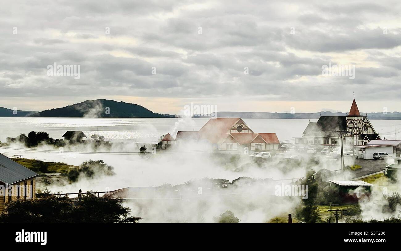 A morning by a Maori village situated on a geothermal ground in Rotorua ...
