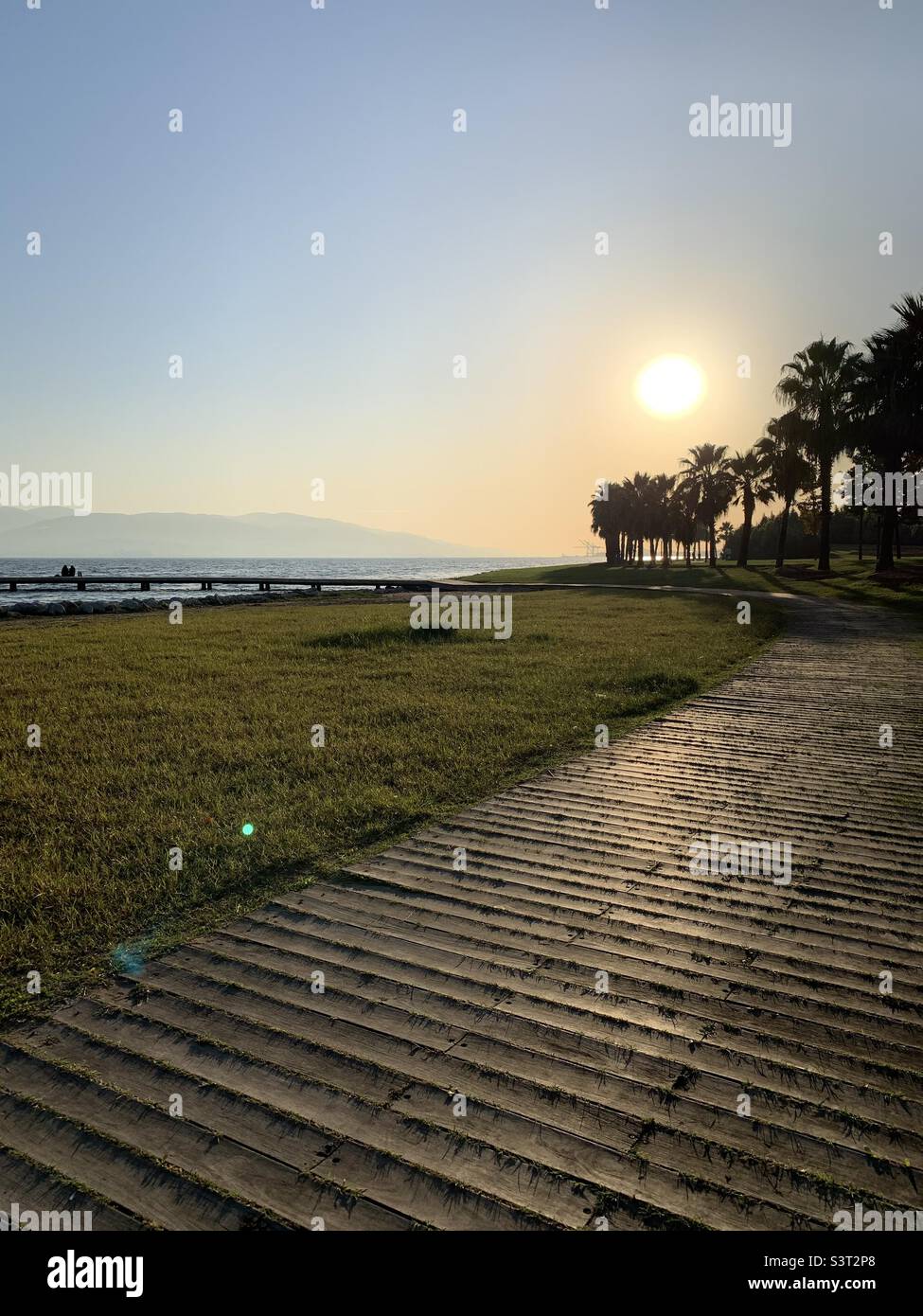 sunset on the beach in summer. a pier, walking route, green grass and ...