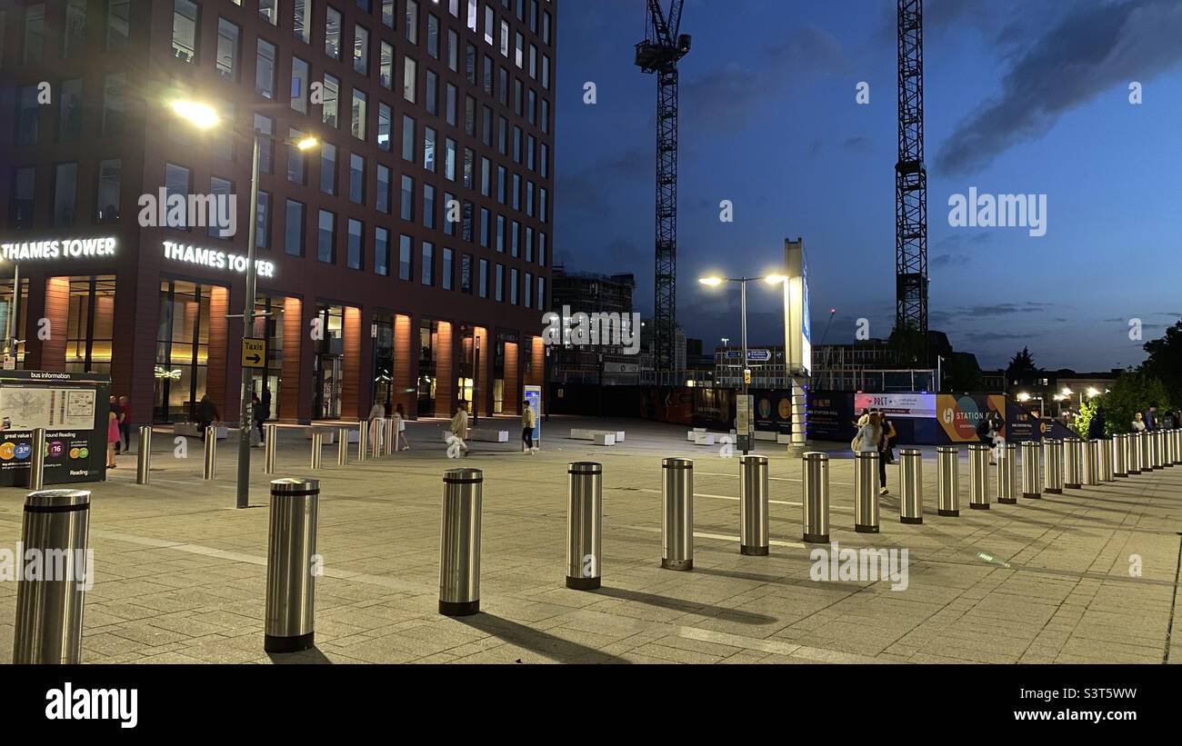 A row of bollards outside Reading Railway Station st night Stock Photo ...