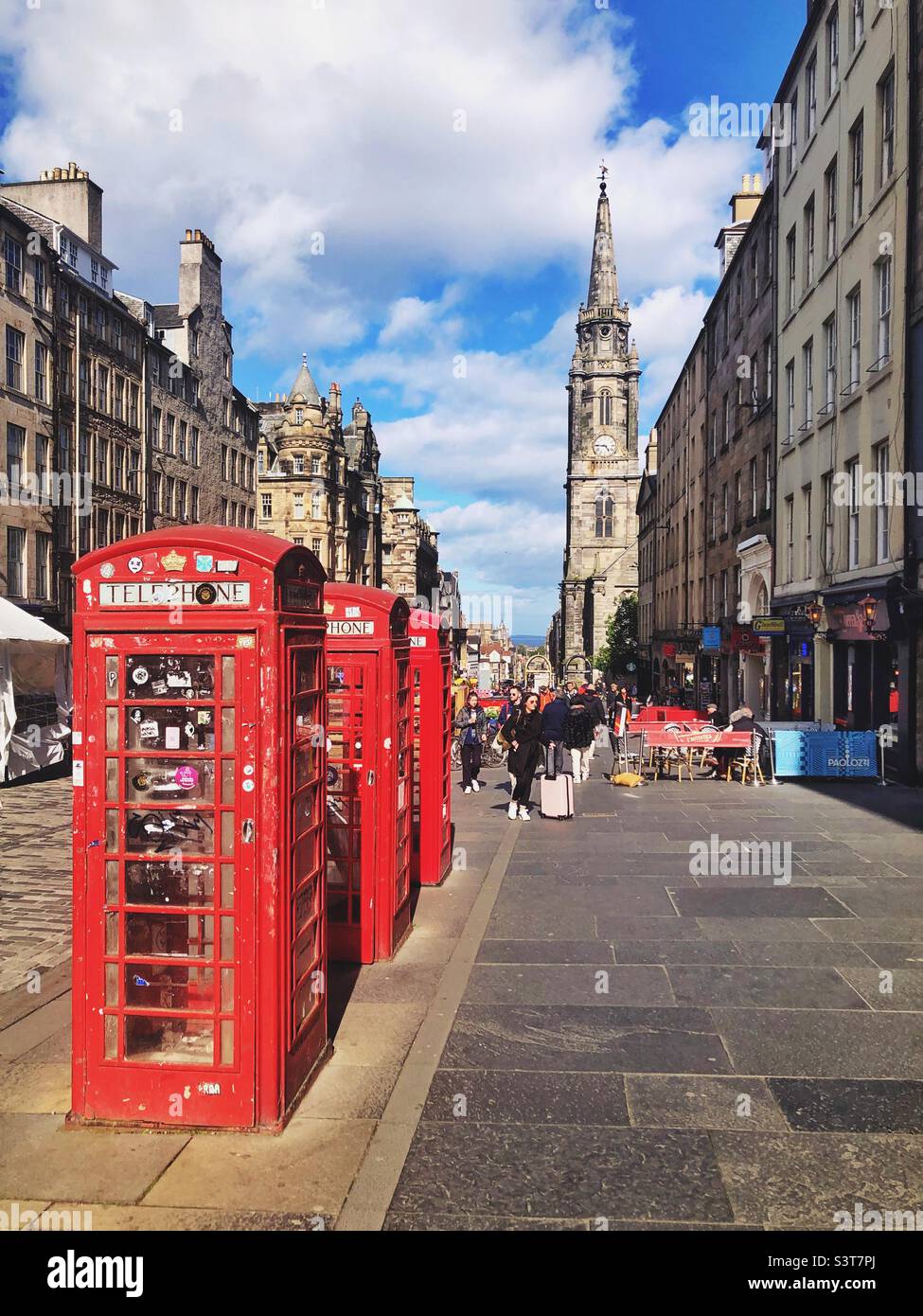Royal Mile, Edinburgh, Scotland, with three old iconic red booths in ...