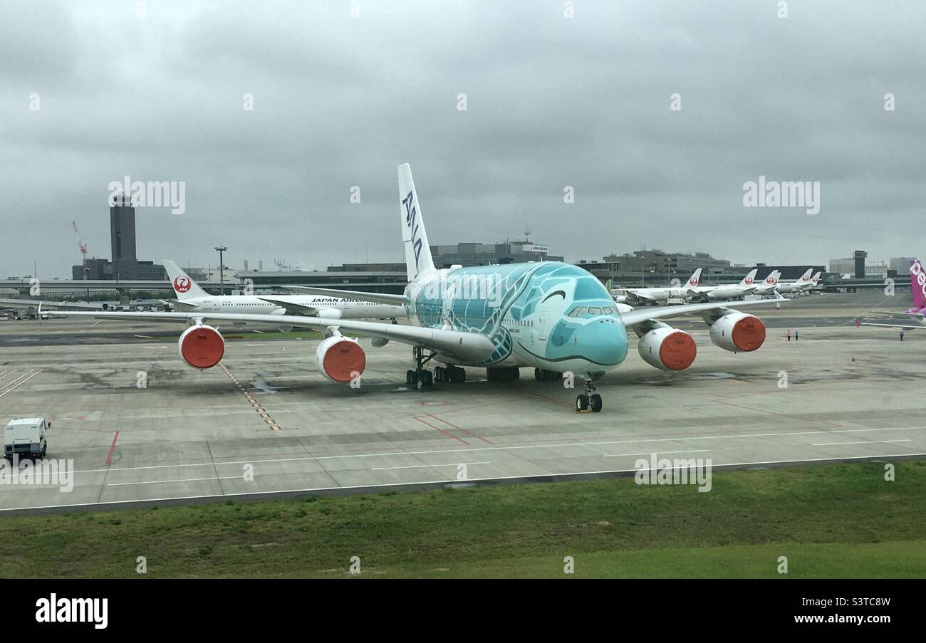 ANA Airbus 380 turtle design in long term parking due Covid at Narita ...