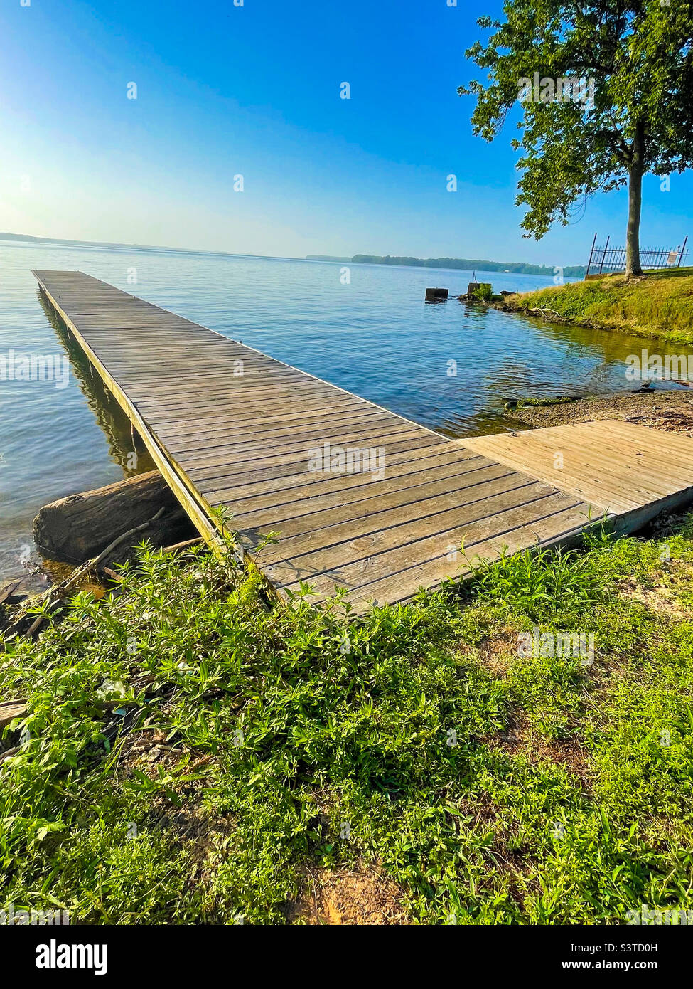 Dock on lake with trees and blue skies Stock Photo - Alamy