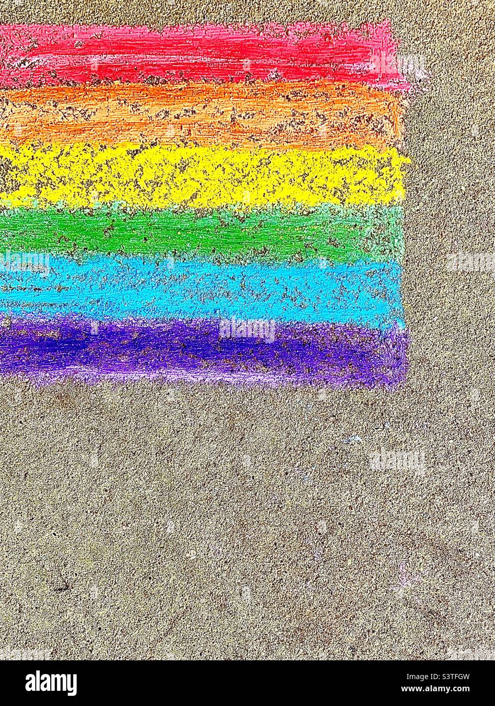 Horizontal rainbow in top corner drawn with chalk on sidewalk Stock ...