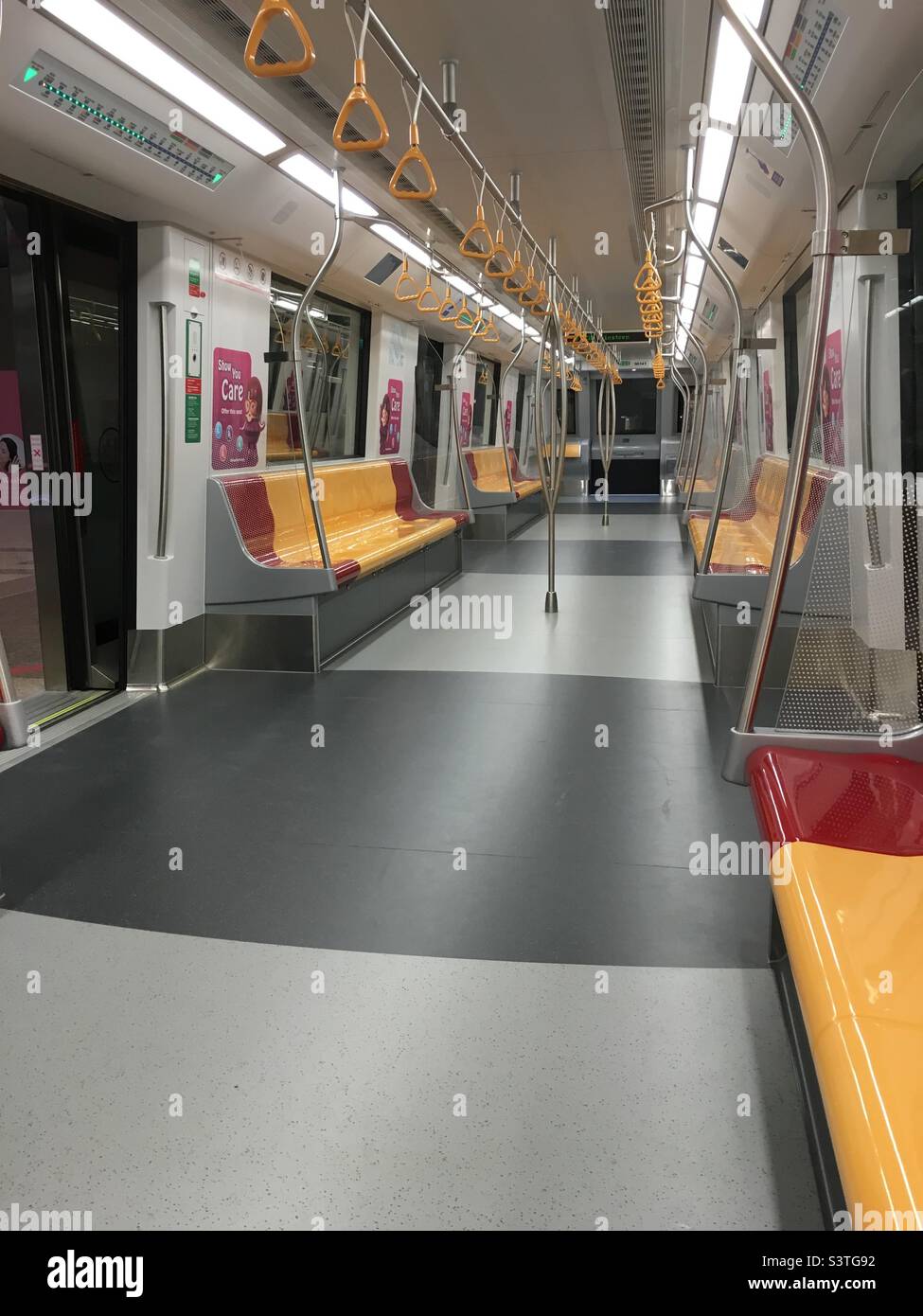 Singapore 12 Jan 2016, An empty Downtown Line MRT train cabin interior ...