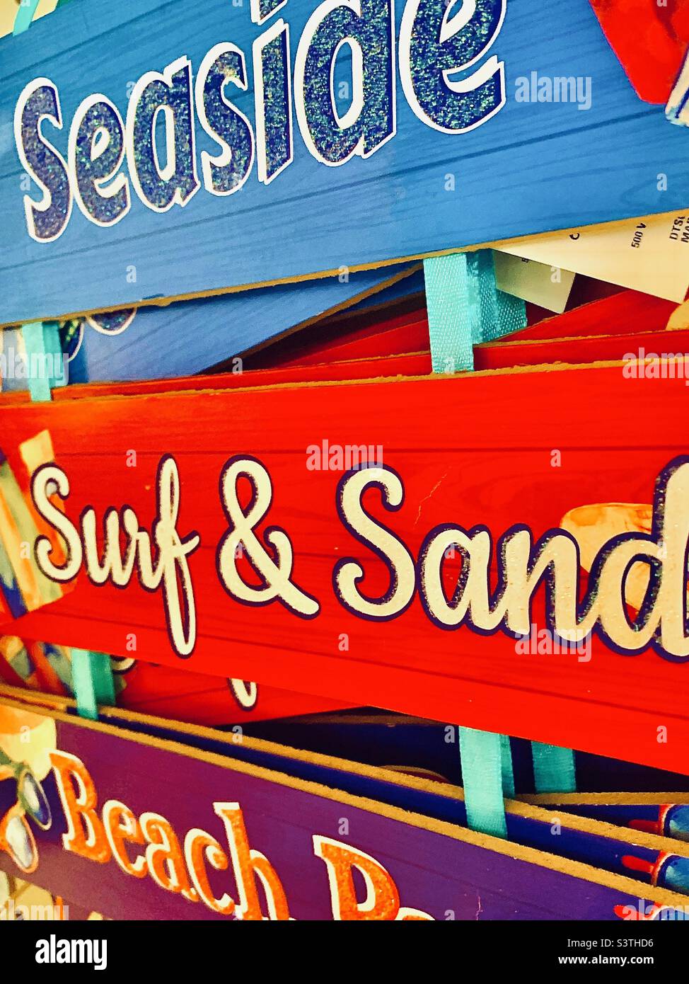 Seaside, Surf, and Sand beach sign Stock Photo - Alamy