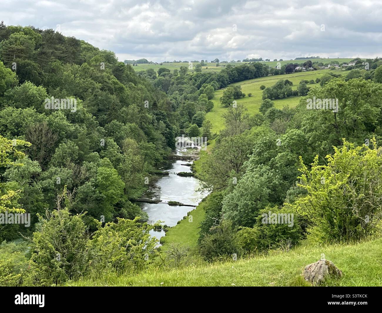 Looking down on the River Lathkill running through Lathkill Dale in the ...