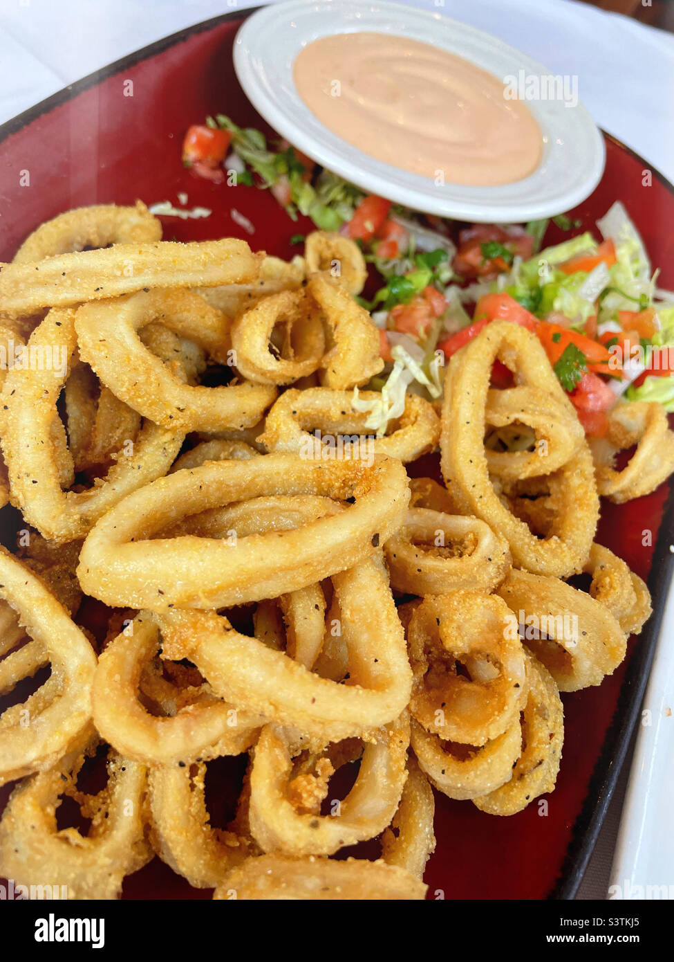 Fried calamari appetizer served with dipping sauce at an upscale ...