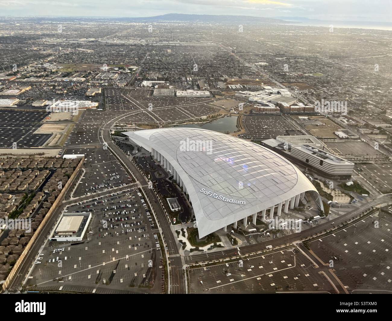 LOS ANGELES, CA, DEC 2021: aerial view looking down on So-Fi Stadium ...
