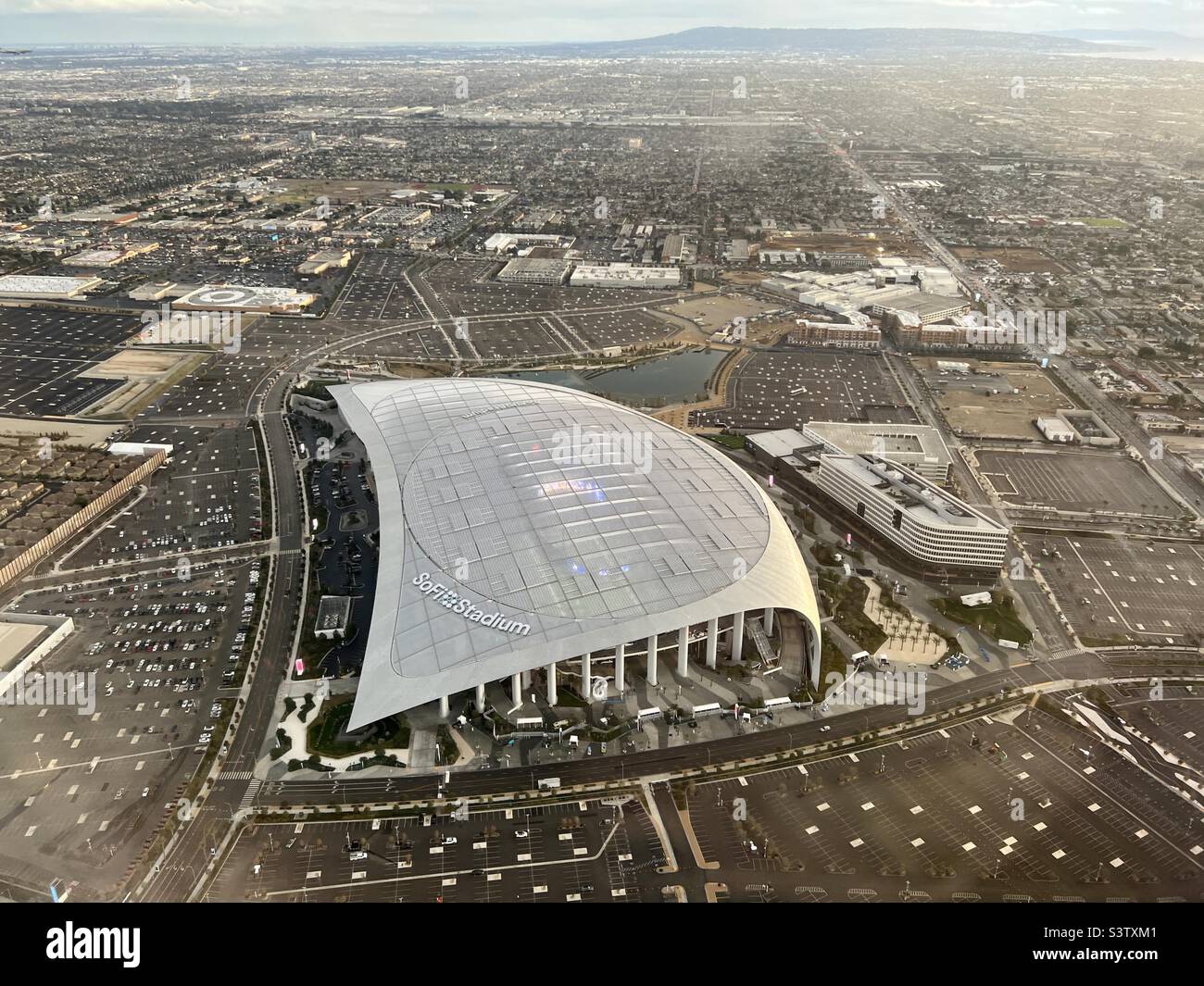 LOS ANGELES, CA, DEC 2021: aerial view of So-Fi Stadium, 70,000 seat ...