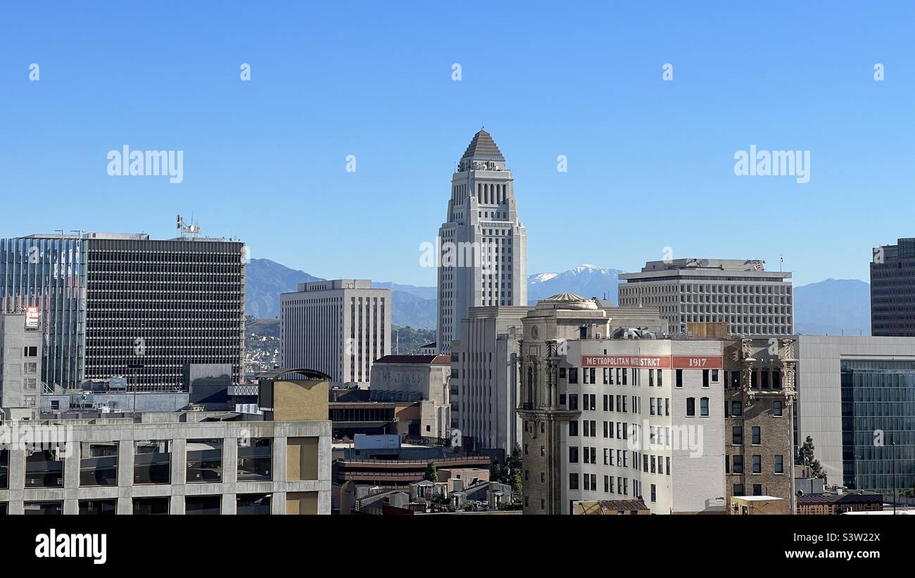 LOS ANGELES, CA, JAN 2022: Downtown skyline with City Hall in center ...