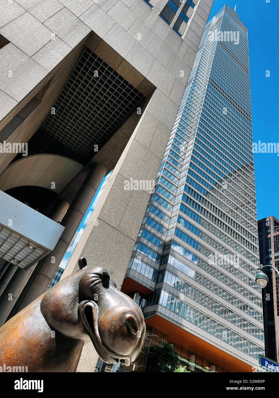 A whimsical hippopotamus statue in Pershing Square with one Vanderbilt ...