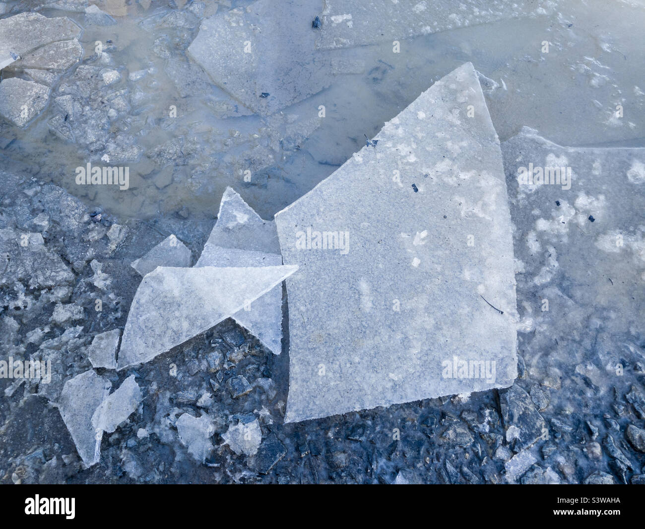 Blue frozen ice shards in a puddle during winter Stock Photo - Alamy