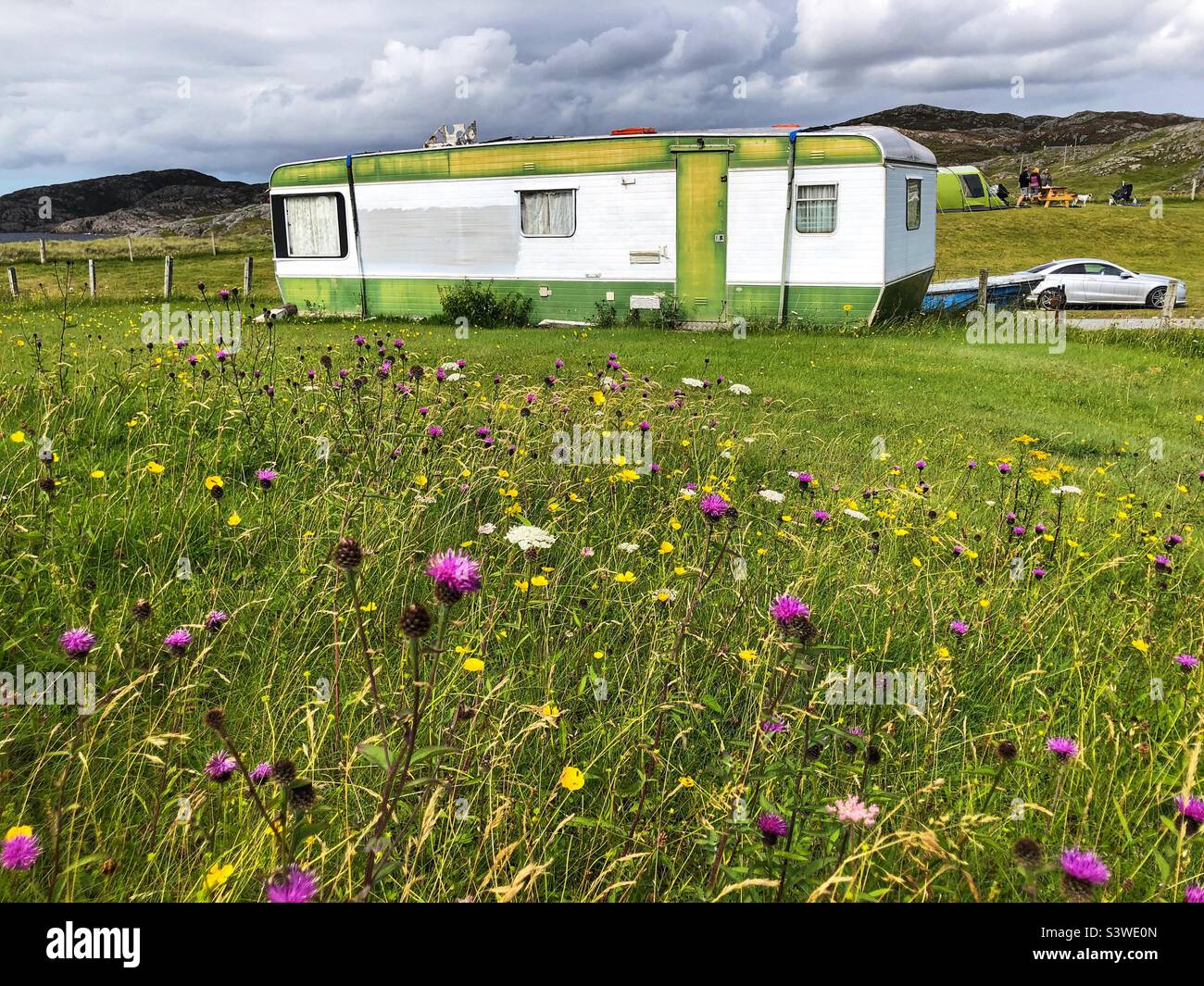 Old Run down caravan at Achmelvich Bay, Sutherland, northwest Scotland ...