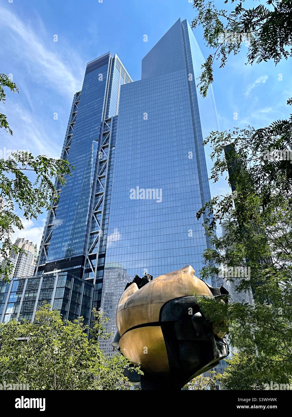 The rescued sphere sculpture is in liberty Park near The 911 Memorial ...