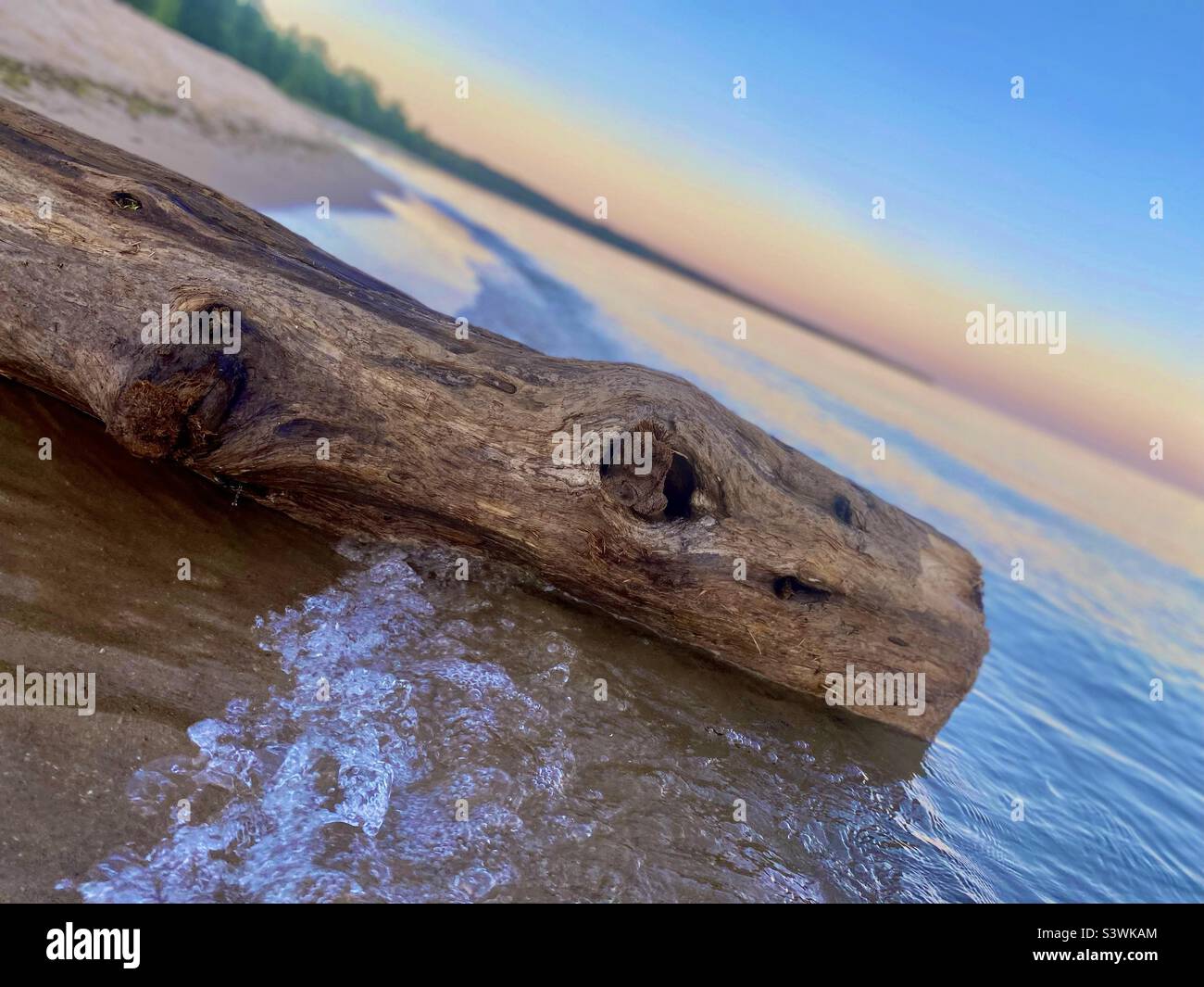 Log in Lake Michigan at sunset Stock Photo - Alamy