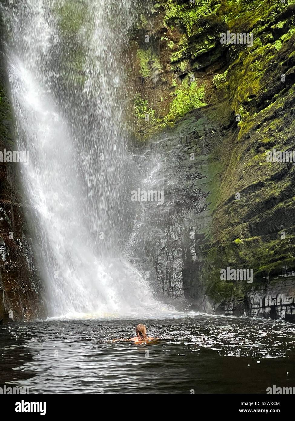 Wild swimming in the pool below a Welsh waterfall, August Stock Photo ...