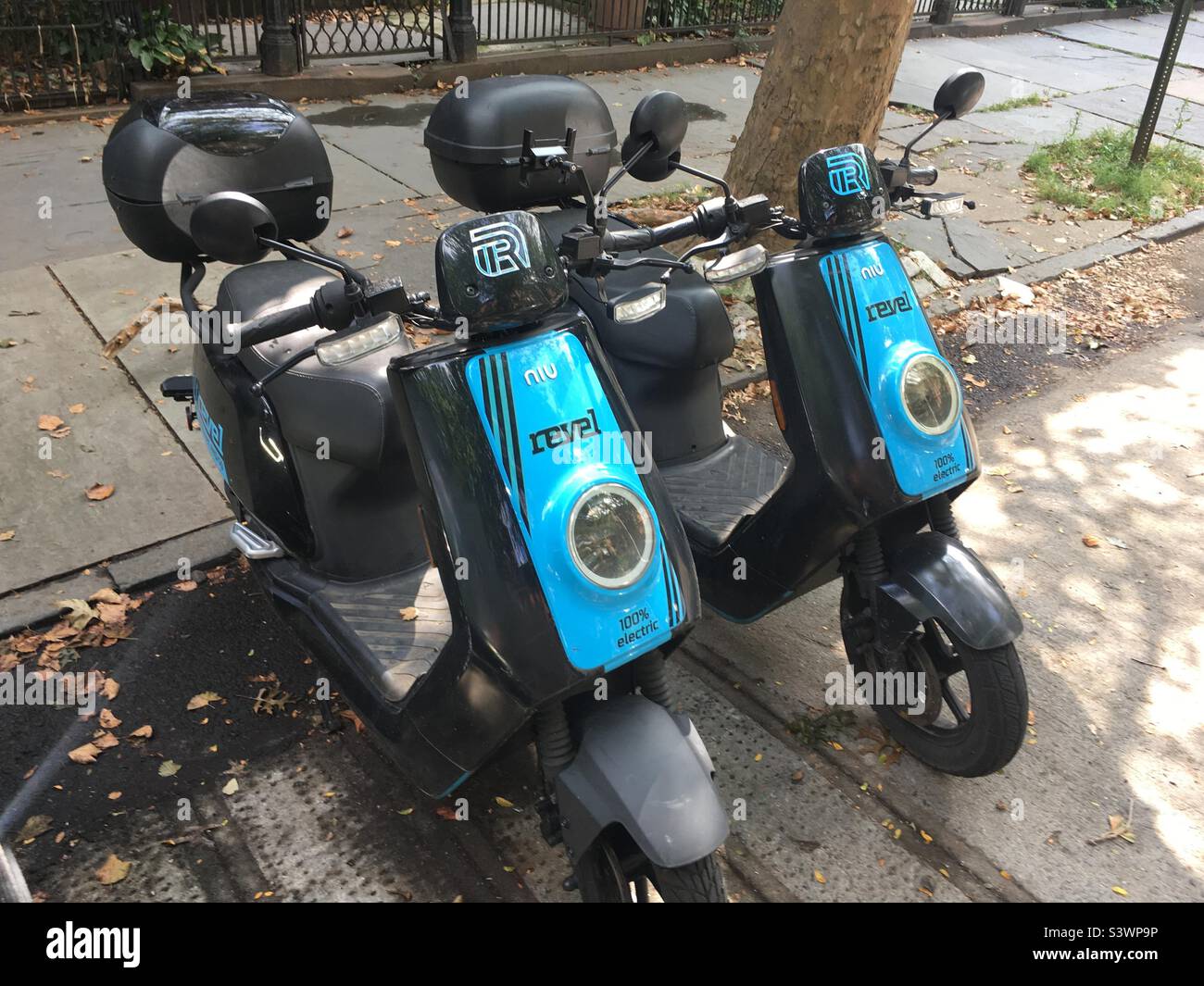 August 23, 2022. Two Revel electric mopeds awaiting rental on Grand Ave ...