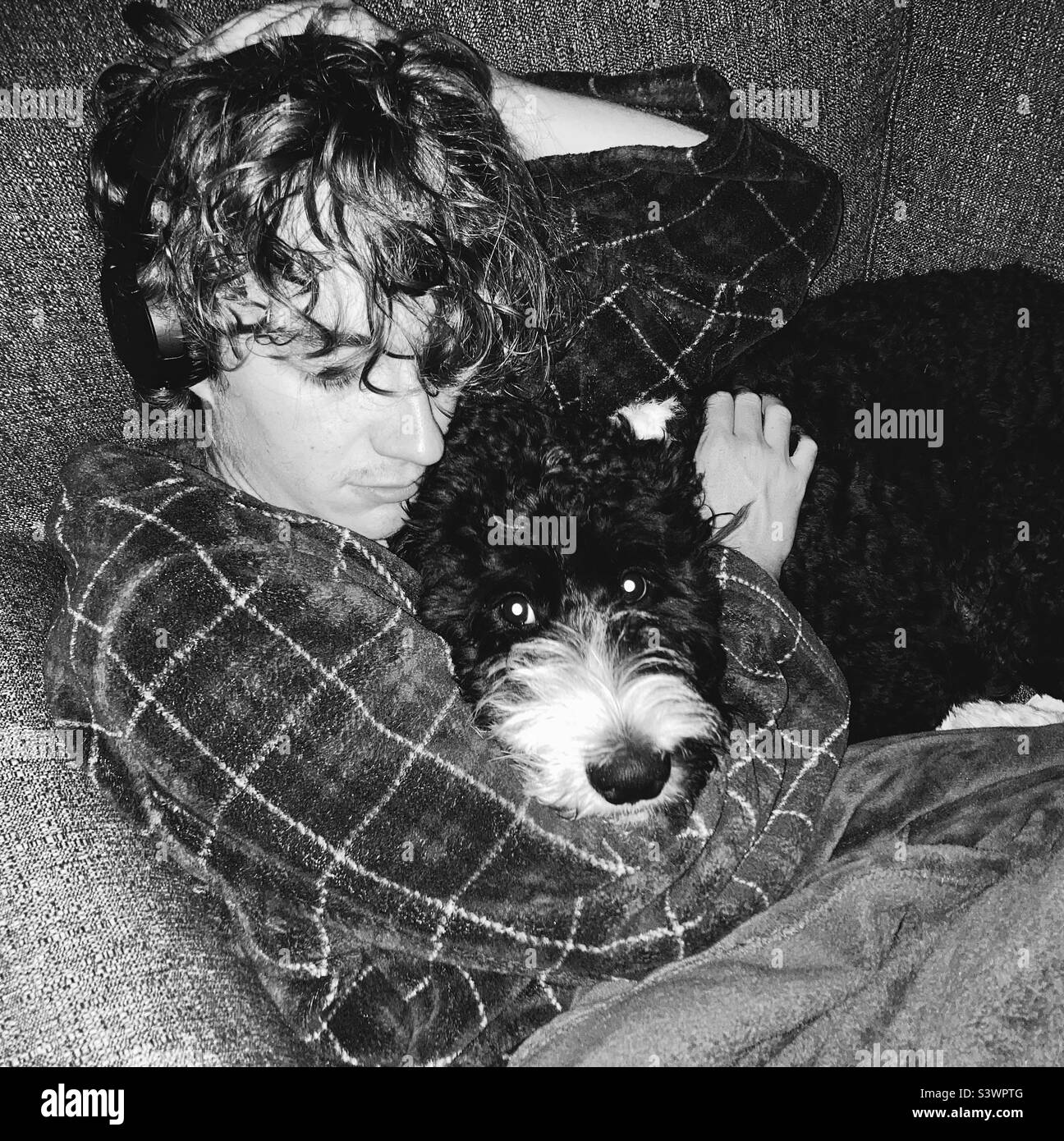 A boy and his dog - cuddle time Stock Photo - Alamy