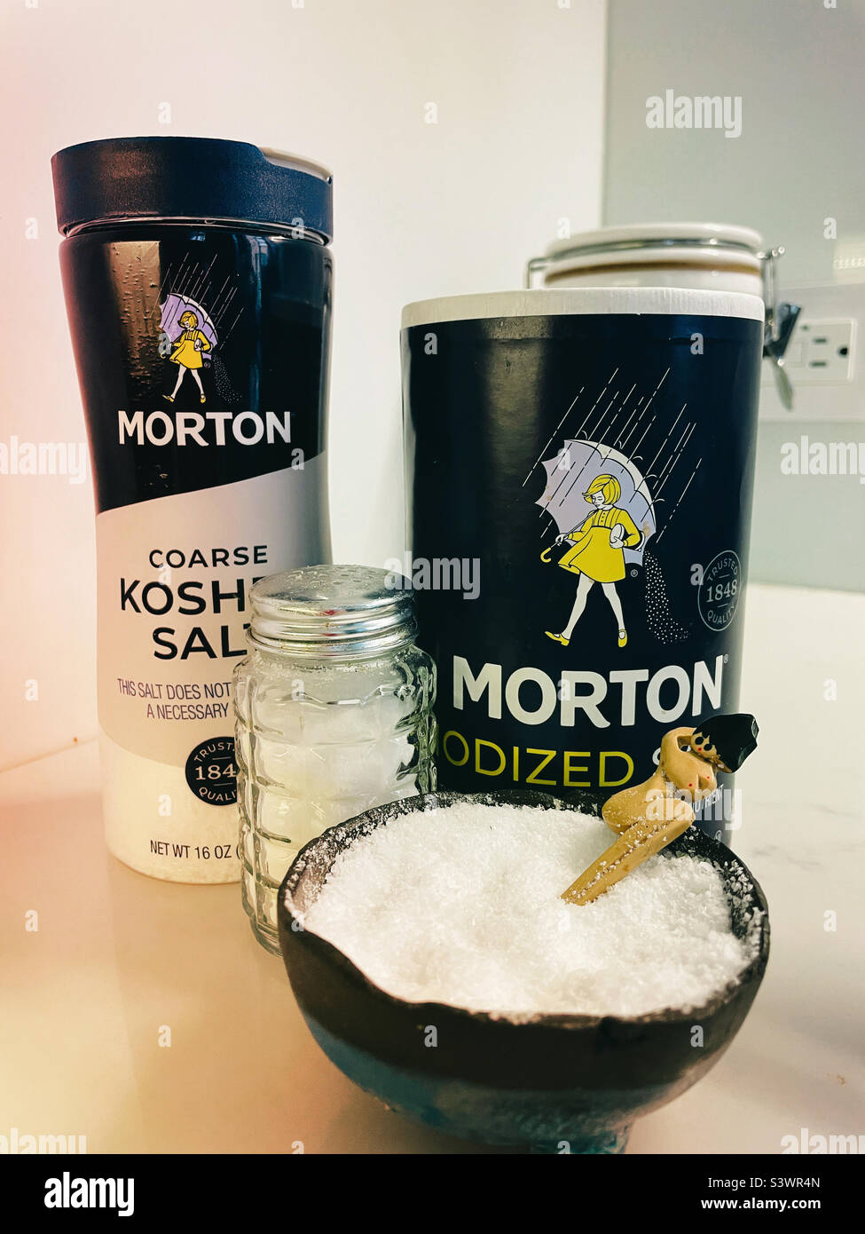 Still life of Morton salt containers on a residential kitchen counter ...