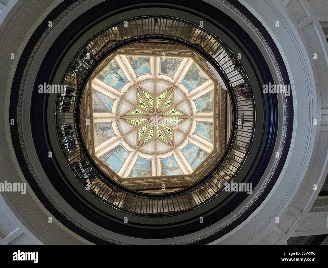 MISSOULA, MT, JUN 2022: stained glass window in ceiling and circular ...