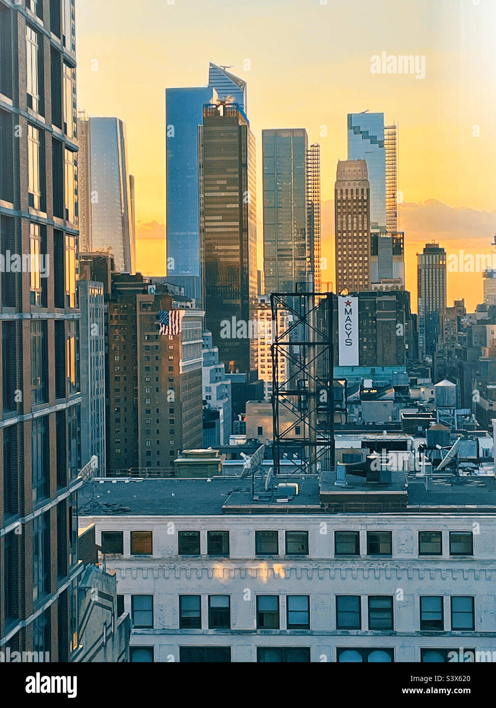 The skyscrapers of Hudson Yards seen from a roof deck in the Murray ...