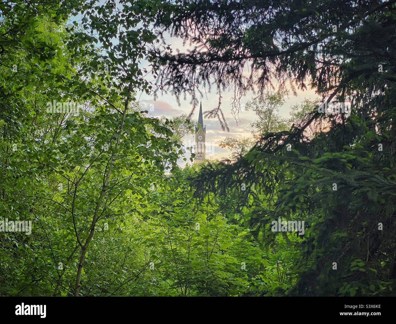 Sunset view at the Church in Naila through the forest, North Bavaria ...