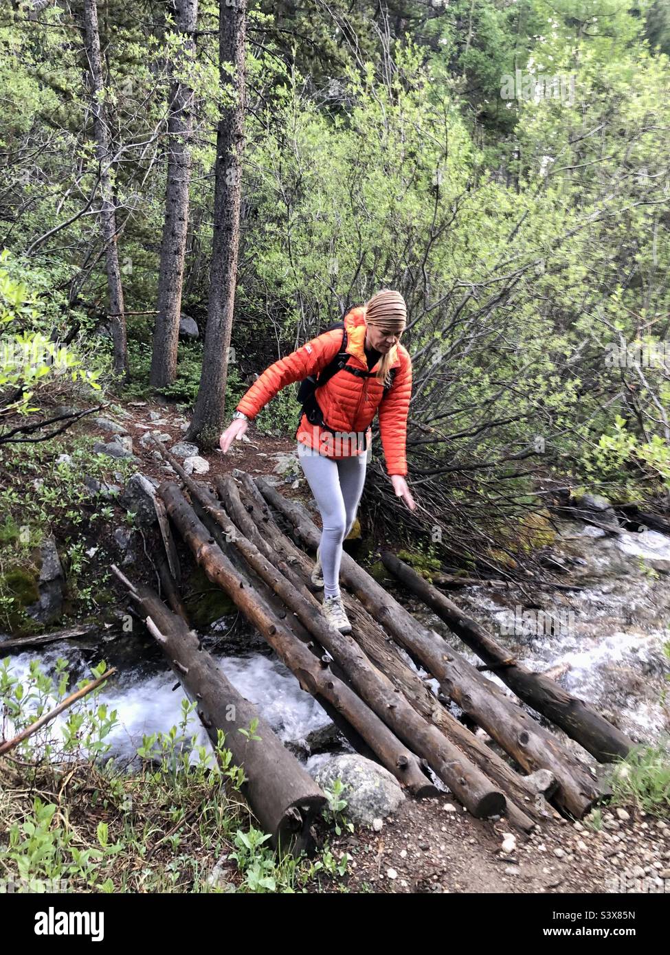 A woman in an orange jacket crosses a log bridge in the forest in ...