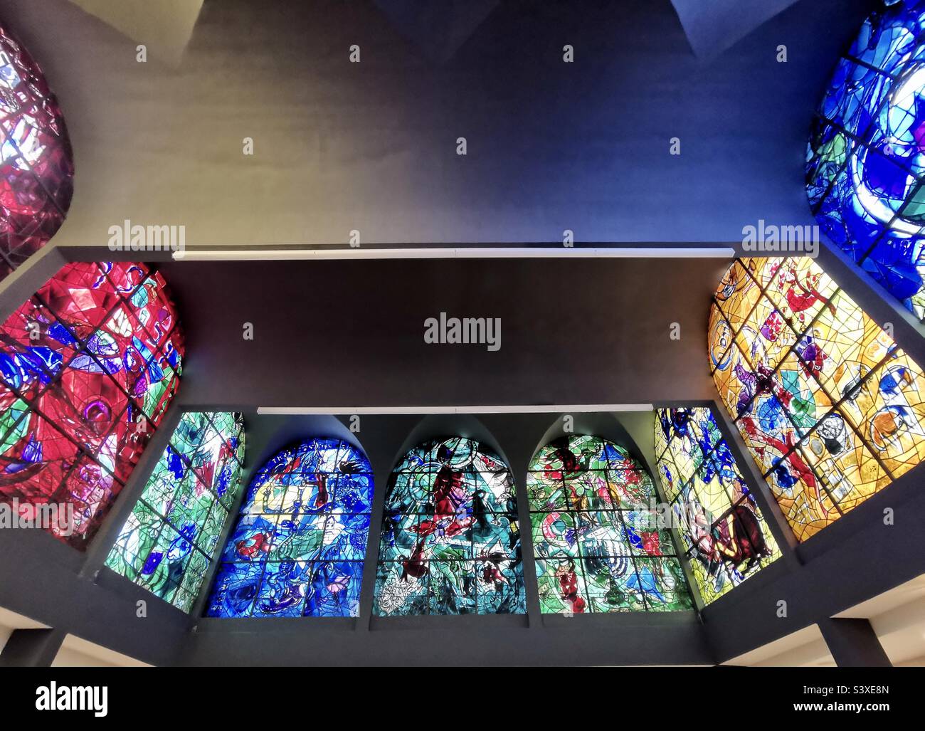 The Chagall windows in the synagogue at Hadassah hospital in Jerusalem ...