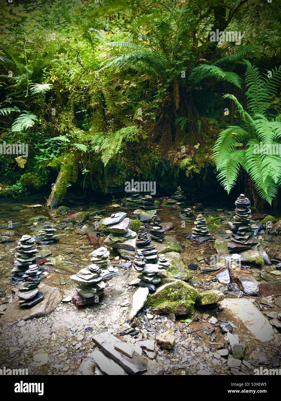 Stream in Cornwall with pebble piles Stock Photo - Alamy