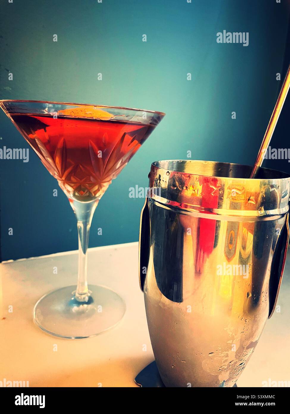 Close up of a Manhattan cocktail straight up in a crystal martini glass ...