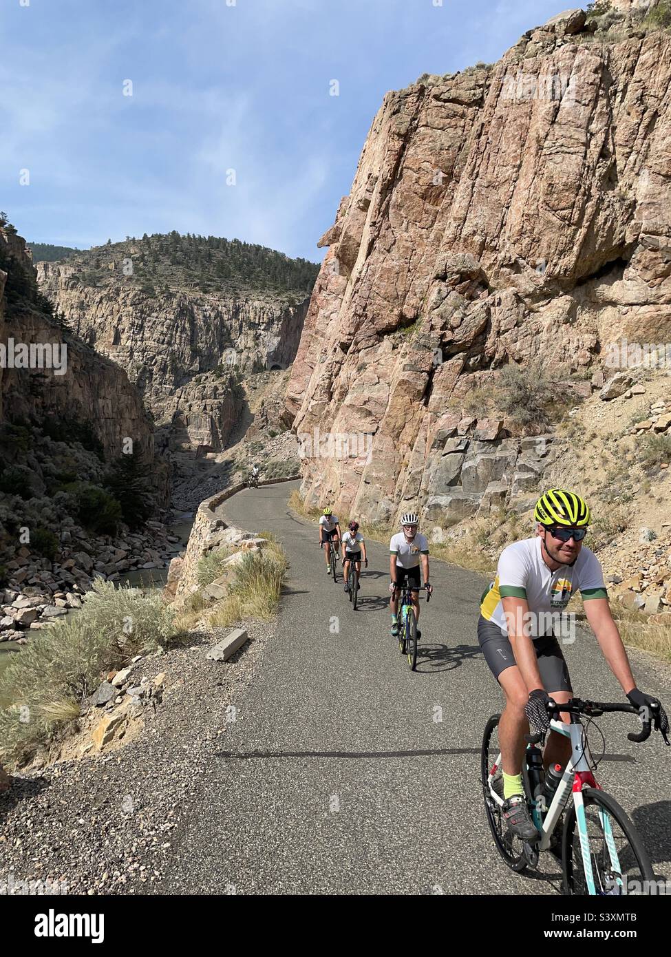 Yellowstone gorge. Cyclist defending the gorge. Four (4) cyclist in ...