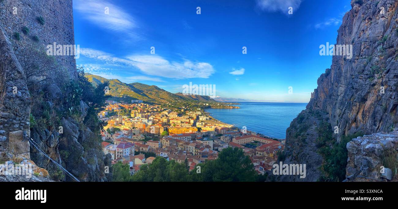 Walking up the rock of Cefalu view back to the beach Stock Photo - Alamy