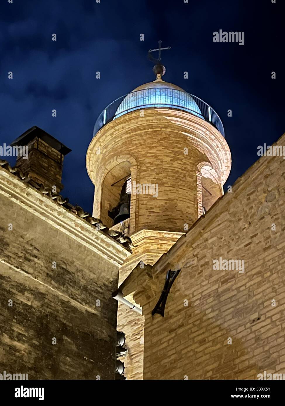 Civic tower, night view, Petritoli village, Fermo province, Marche ...