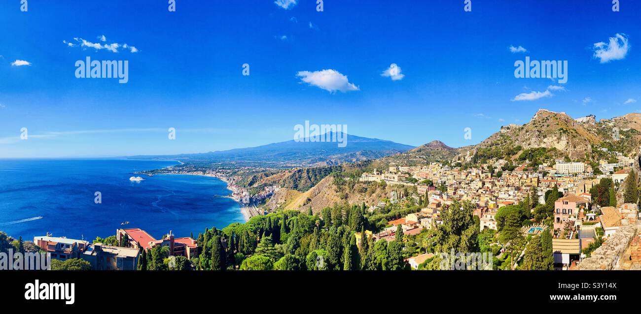 The view from the Roman Amphitheatre in Taormina with Mount Etna in the ...