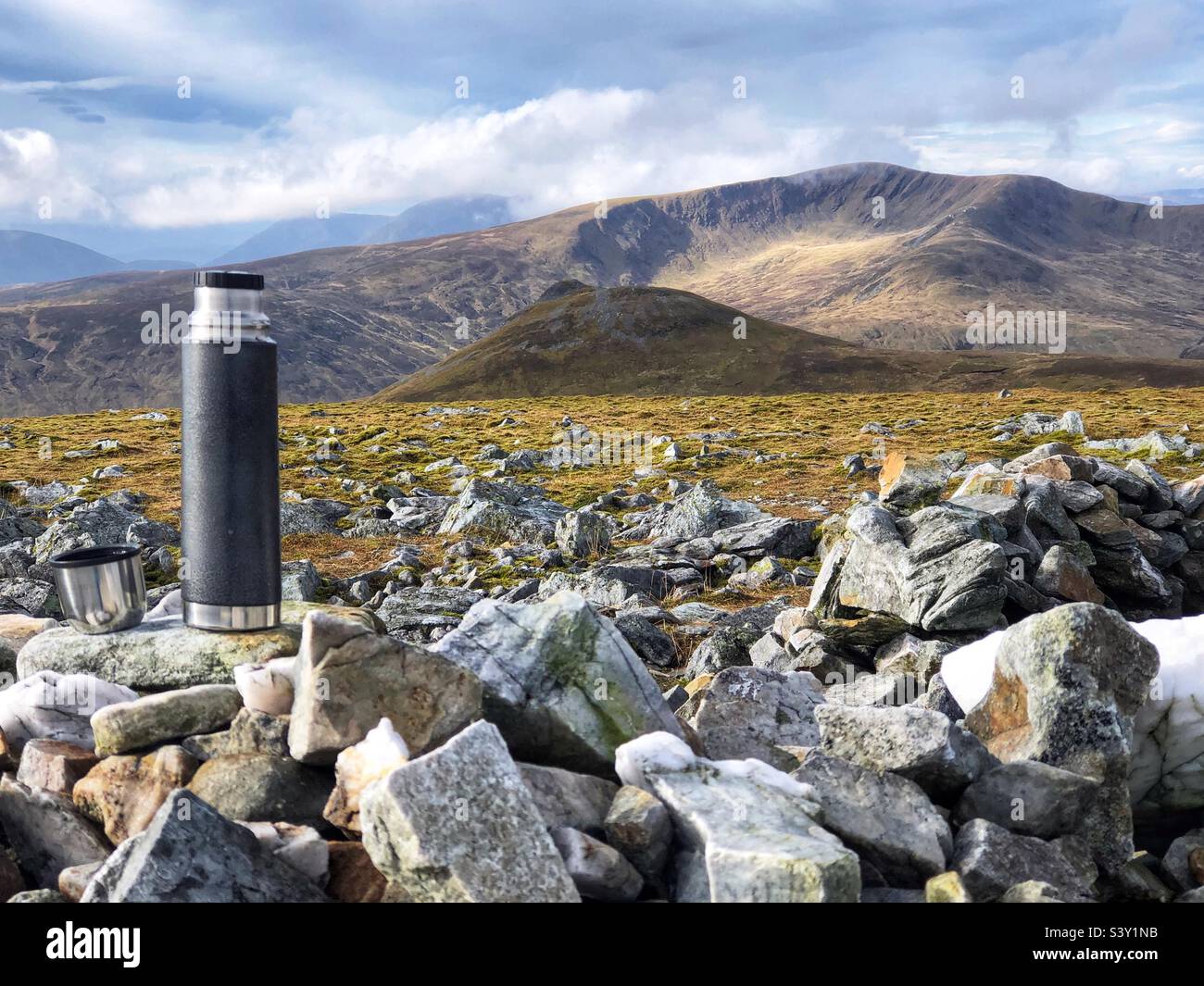 Tea break at the summit of Carn a’ Gheoidh, one of the Cairnwell Munros ...