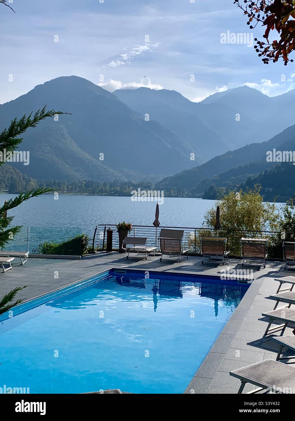 Swimming pool overlooking lago do ledra Stock Photo - Alamy