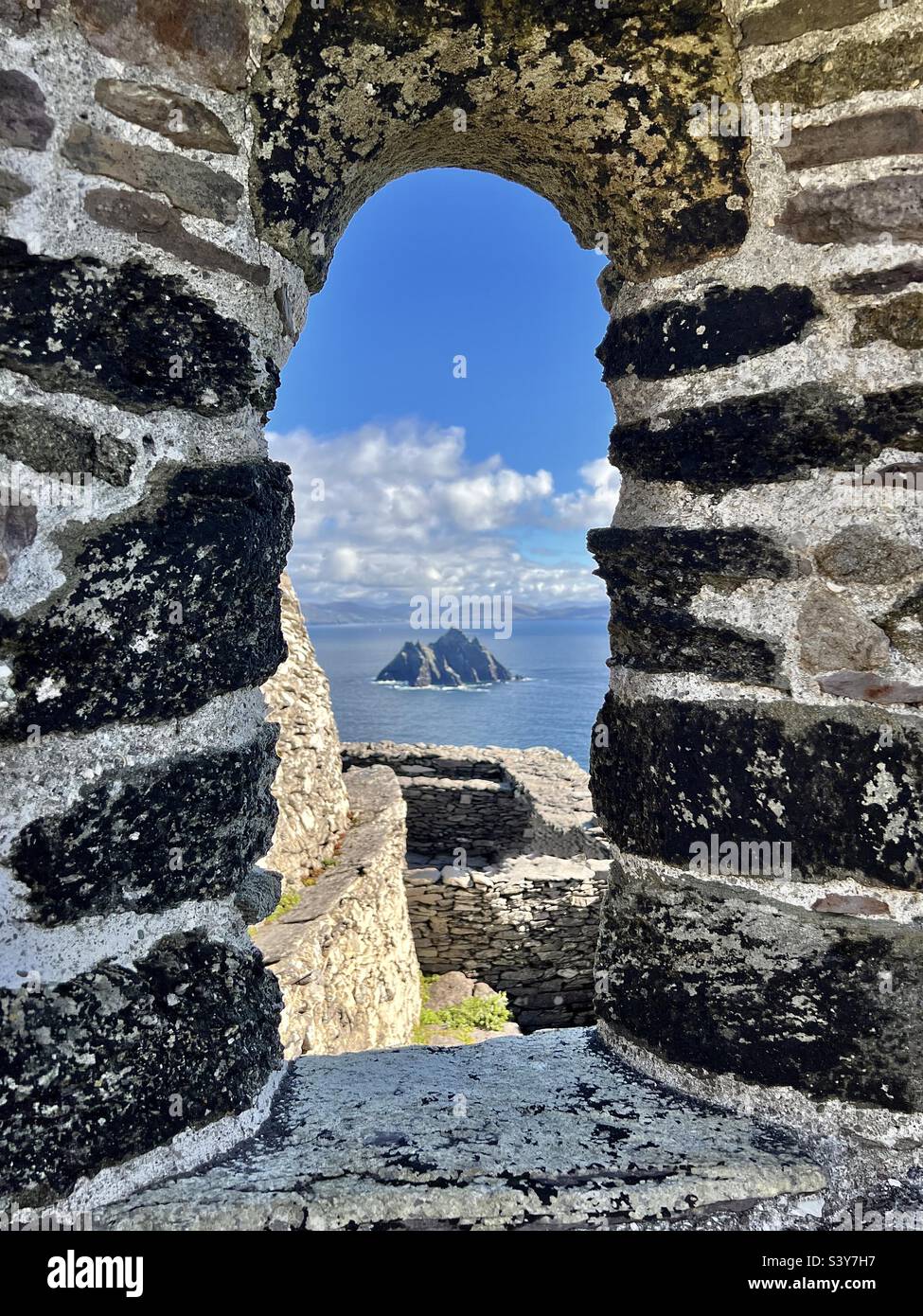 View of Little Skellig from an ancient monastic window on Skellig ...