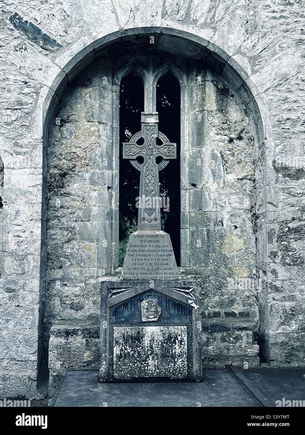 Celtic cross in a ancient window in the abandoned Muckross Abbey ...