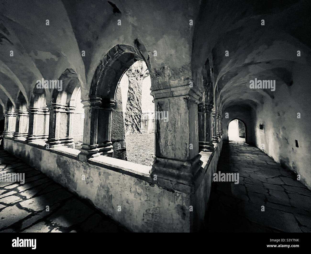 Religious cloisters of the abandoned ruins of Muckross Abbey, Ireland ...
