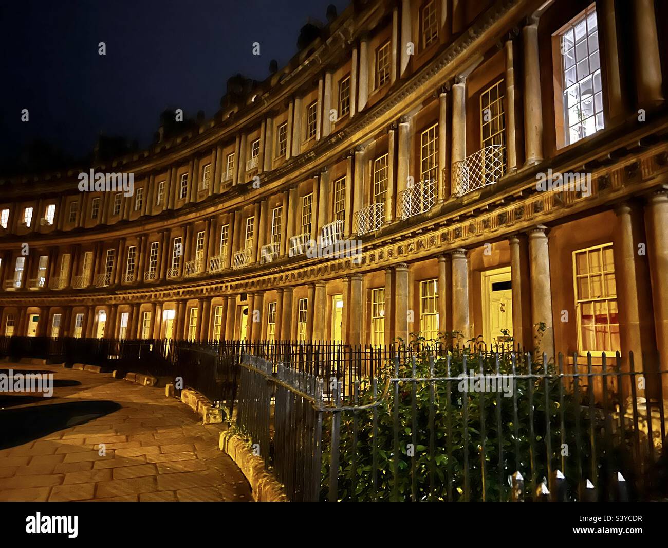 Bath Royal Crescent houses lit up at night in Bath, England Stock Photo ...