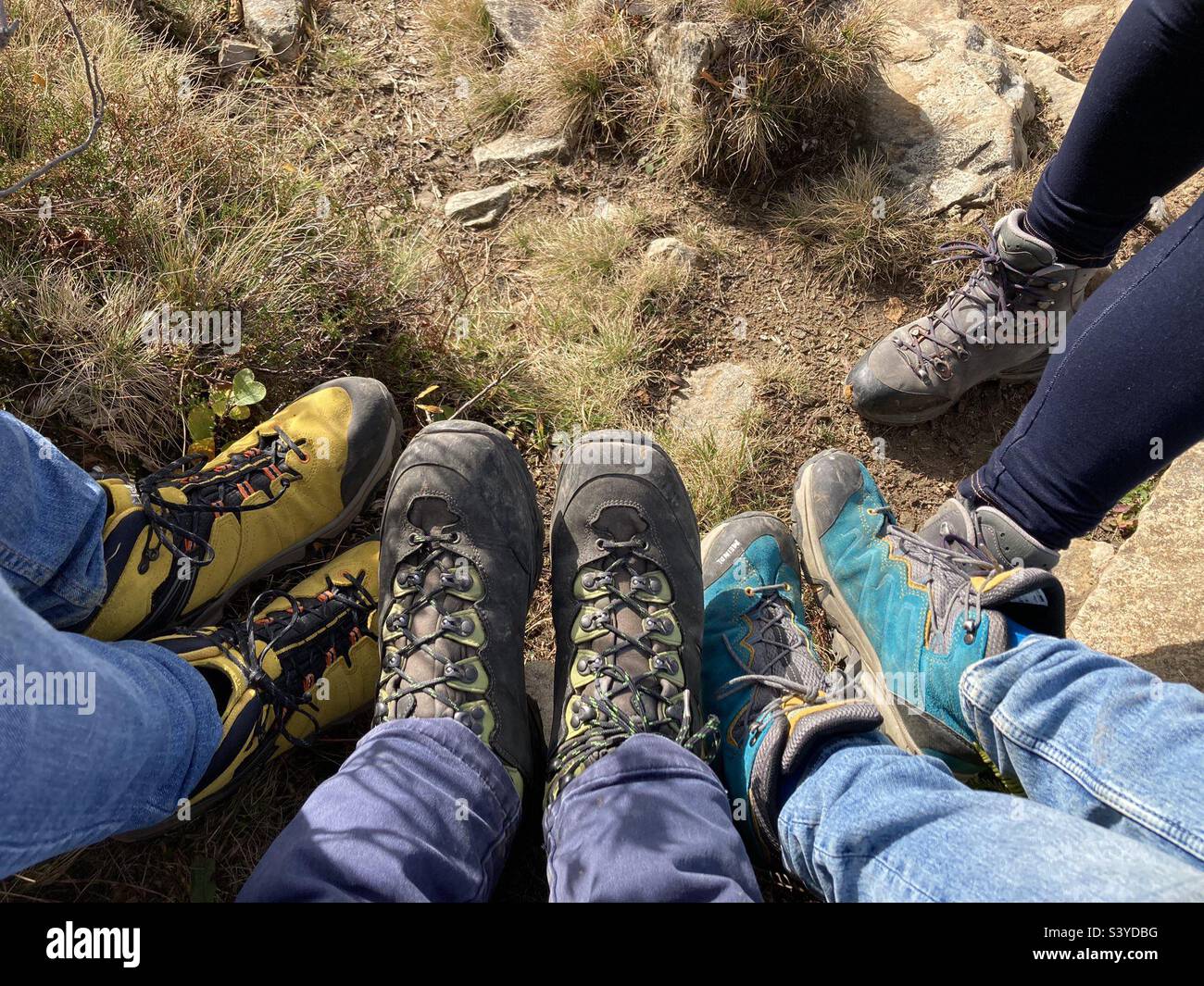 Four legs with Hiking shoes POV, two Children and two Parents Stock ...