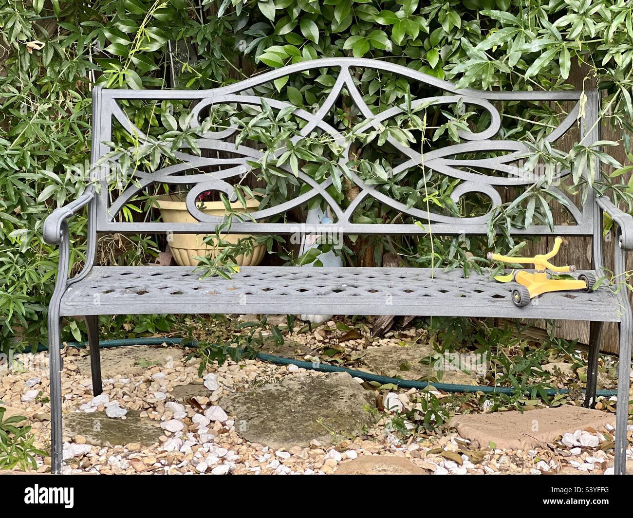 Metal garden bench seating with a yellow water sprinkler on the edge of ...
