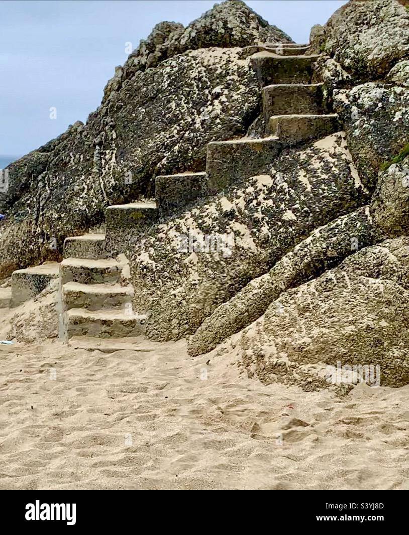 Porthcurno Beach steps Stock Photo - Alamy